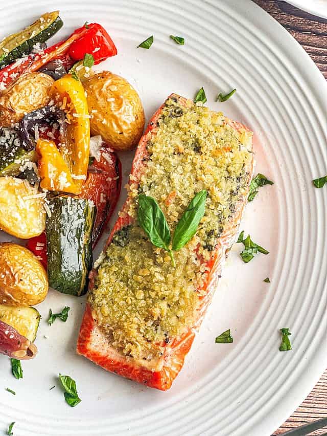 Easy Basil Pesto Crusted Salmon